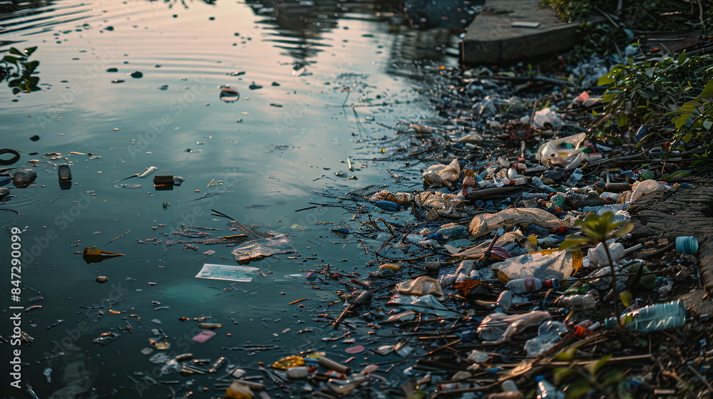 A polluted riverbank with trash and debris floating on the water's ...