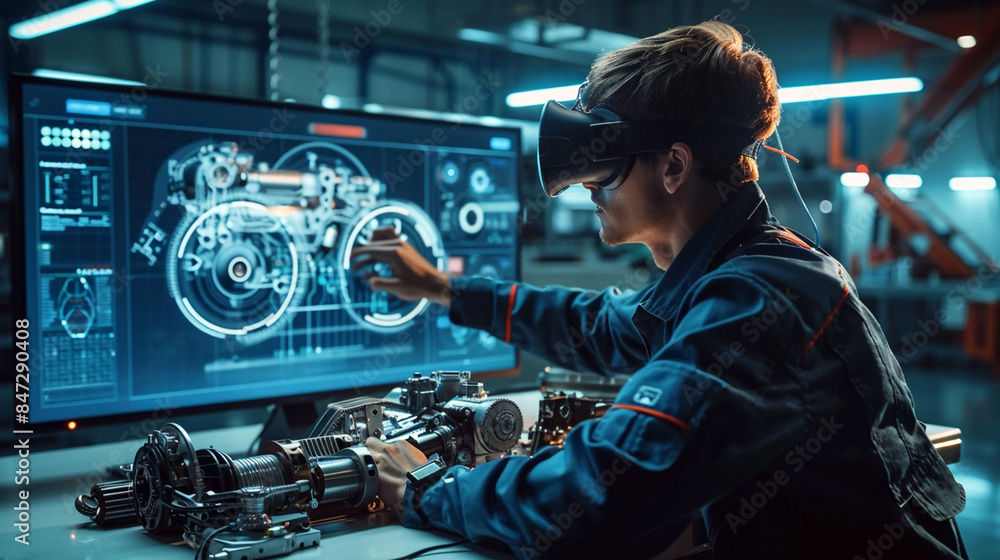 virtual reality, a mechanical engineer wearing a VR handset devise and ...