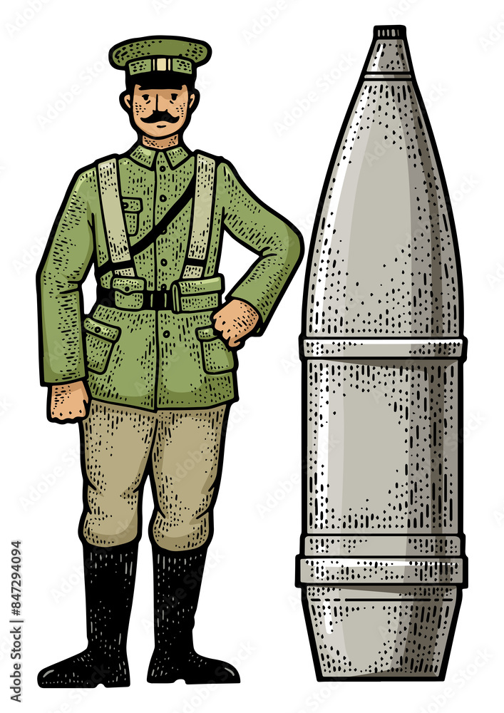 World War I soldier and huge cannon shell color sketch engraving PNG ...