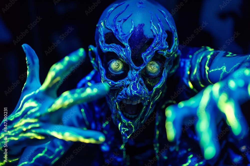This intense image features a blue glowing zombie with demonic features ...