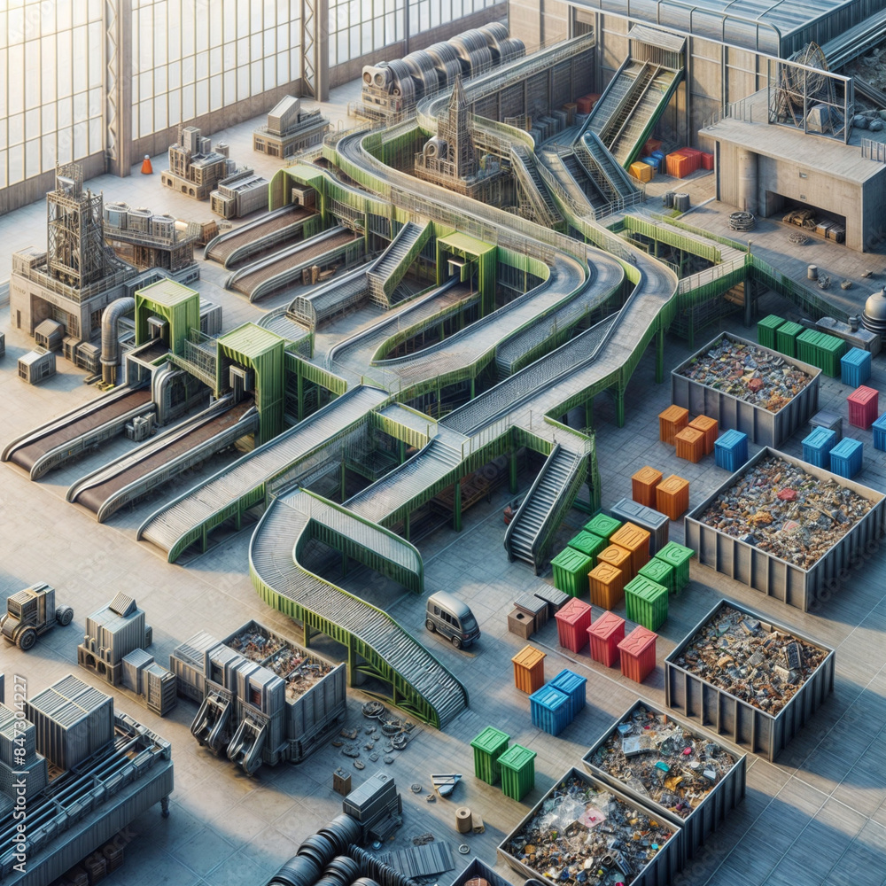 Waste sorting facility with conveyors bins and recycling for household ... Waste sorting facility with conveyors bins and recycling for household ...