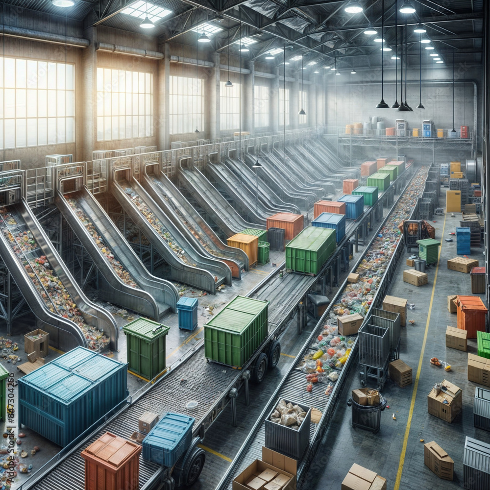 Waste sorting facility with conveyors bins and recycling for household ...