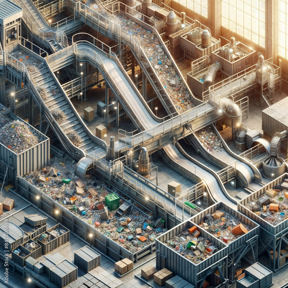closeup of Waste sorting facility with conveyors bins and recycling for ... closeup of Waste sorting facility with conveyors bins and recycling for ...