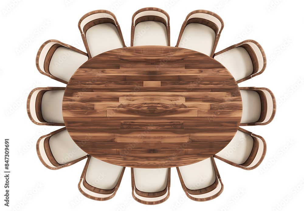 Wooden dining table with chairs, top view isolated on white background ...