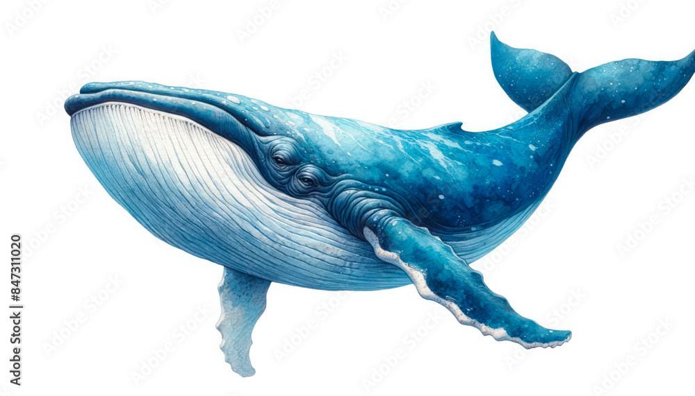 Illustration of a blue whale, white background, representing marine ...