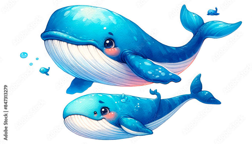 Blue whales, mother and calf, swimming together in the ocean. Concept ...