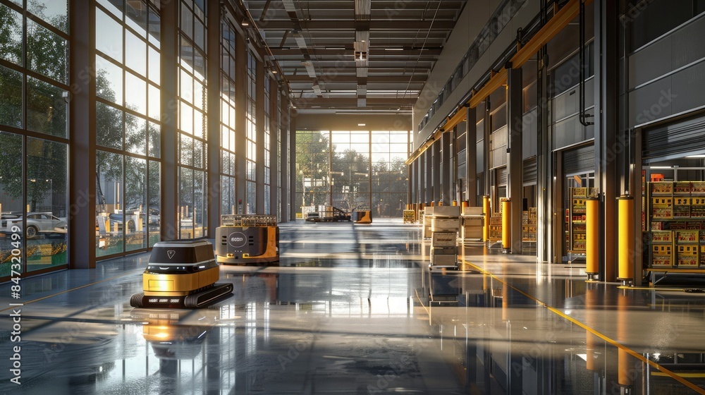 Modern warehouse with automated robots organizing inventory on shelves ...