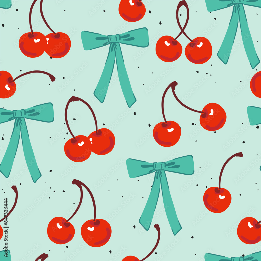 Cherries and coquette ribbon bow seamless pattern. Sweet red cherry ...
