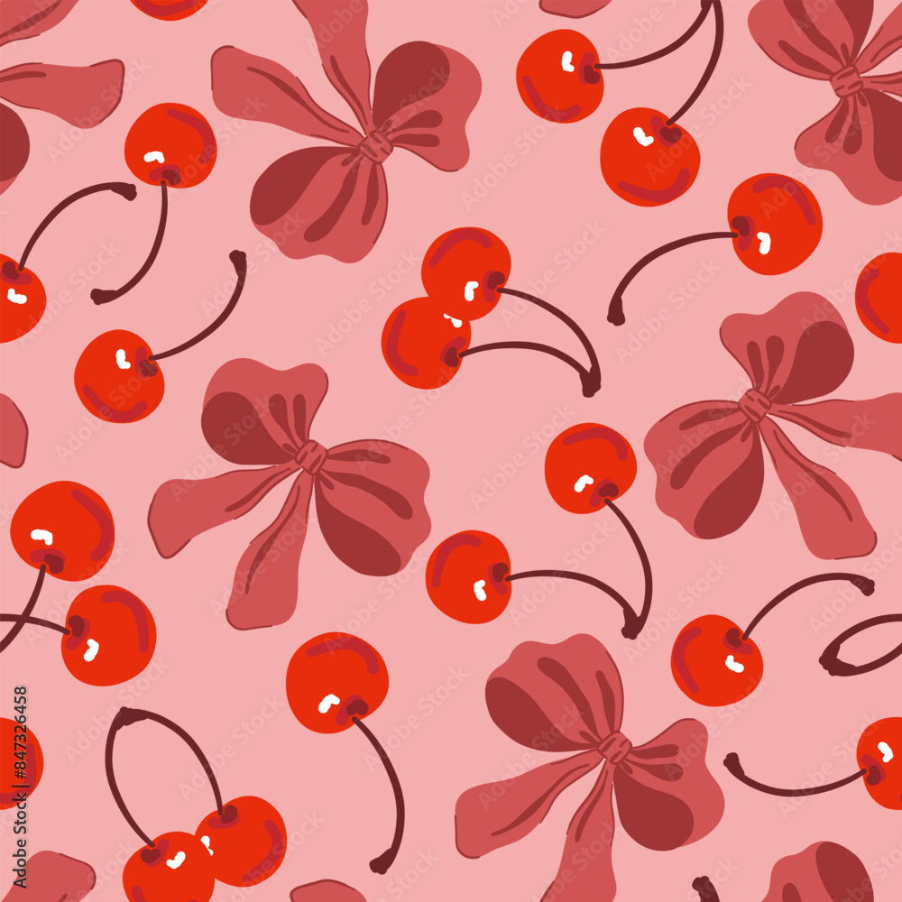 Cherries and coquette ribbon bow seamless pattern. Sweet red cherry ...