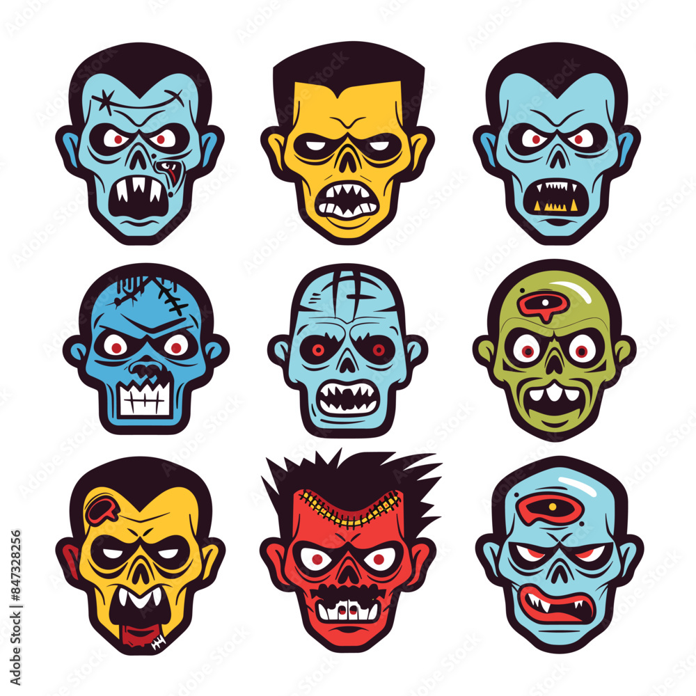 Collection colorful cartoon zombie faces expressing various emotions ...