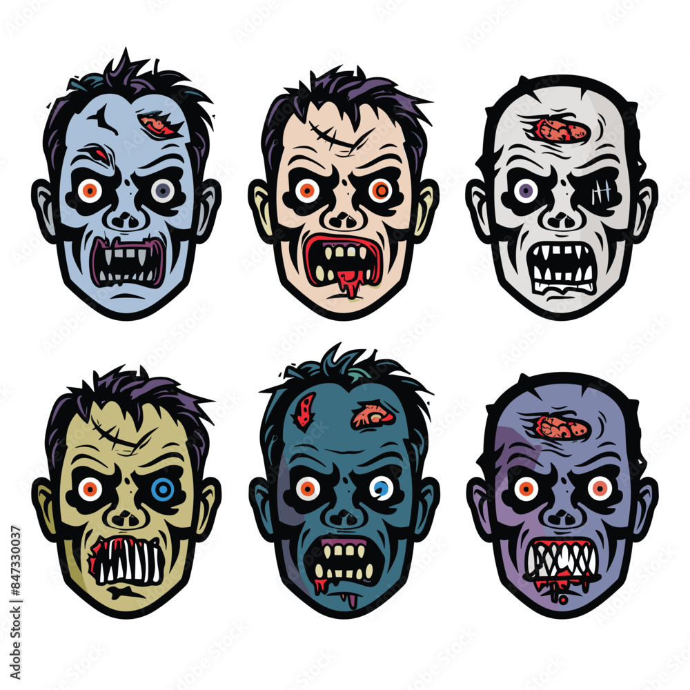 Six cartoon zombie faces expressing horror, aggression, decay. Various ...
