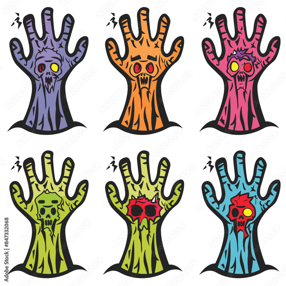 Six colorful zombie hands rising, different skin tones unique eye ...