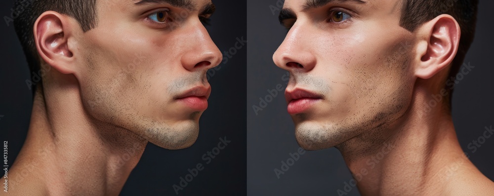 Close-up comparison of male jawline, before and after cosmetic surgery ...