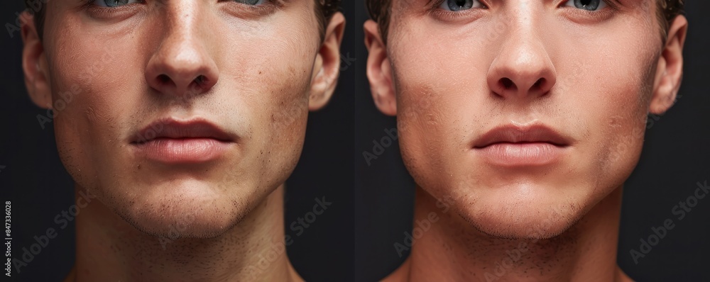Close-up comparison of male jawline, before and after cosmetic surgery ...