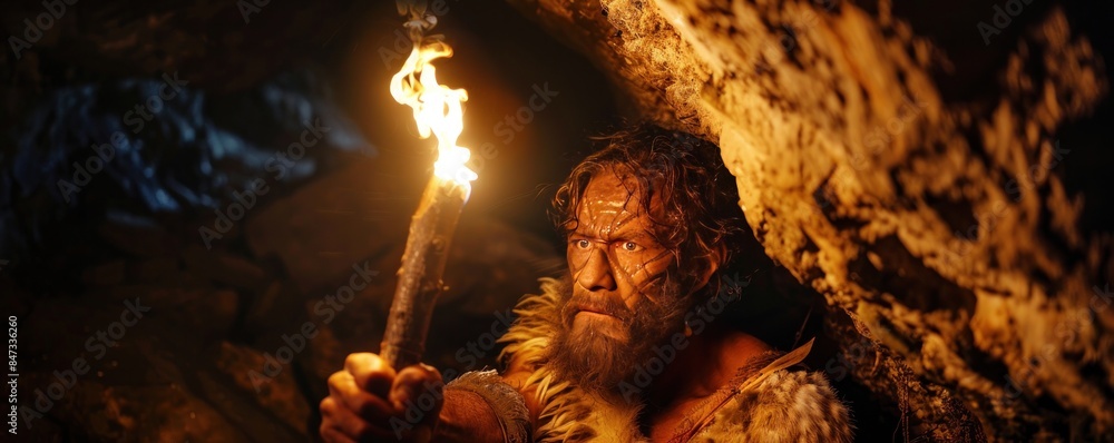 Caveman holding torch, exploring dark cave, prehistoric adventure ...
