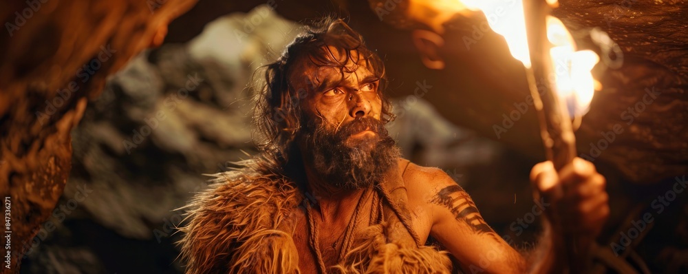 Caveman holding torch, exploring dark cave, prehistoric adventure ...