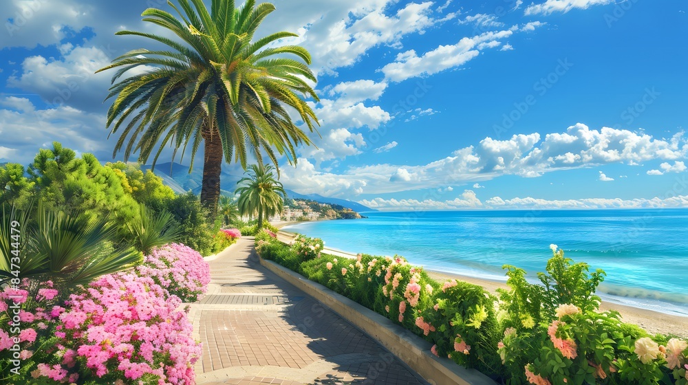 Beautiful widescreen image of a seaside promenade and the beach in a ...