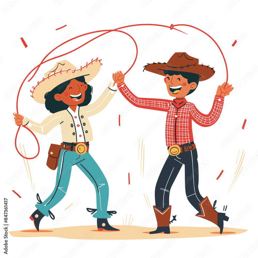 Two cartoon cowboys dancing joyfully, one swinging lasso. Both wearing ...