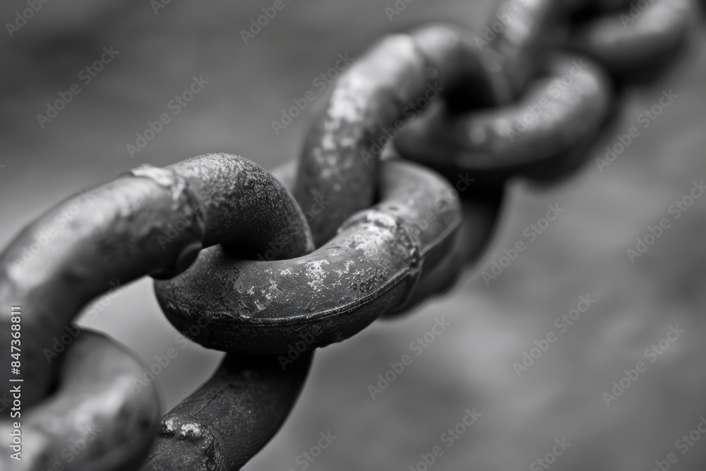 A chain link is shown in black and white. The chain is twisted and bent ...