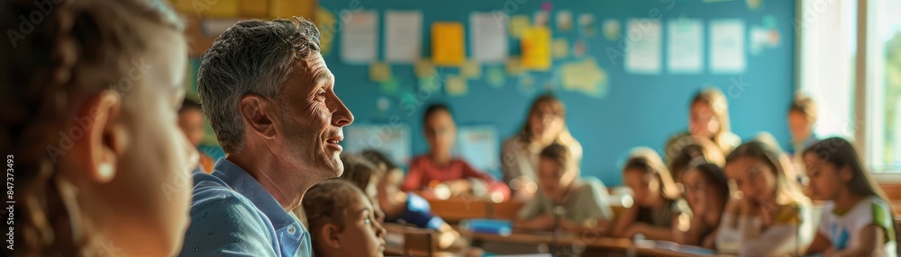 Teacher interacting with students in a lively classroom setting ...
