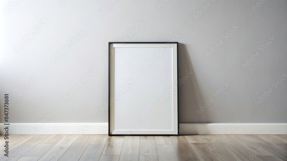 Minimalist black wooden frame poster mockup stands upright on a clean ...