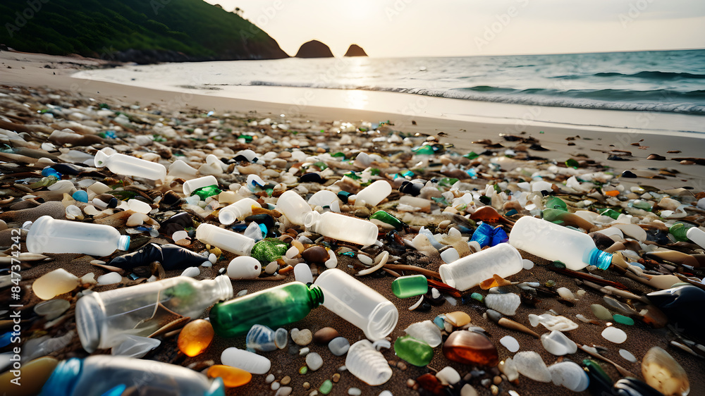 A beach littered with plastic waste, including bottles, bags, and other ...