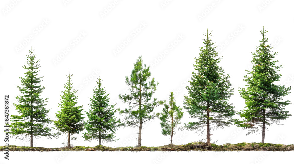 Row of evergreen trees isolated on white background showing different ...