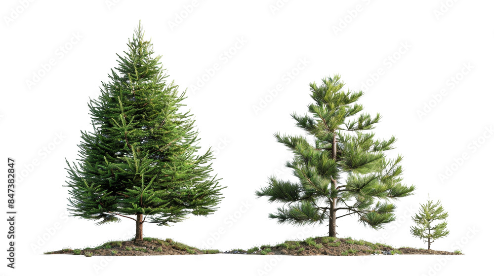 Three different-sized pine trees isolated on a white background ...