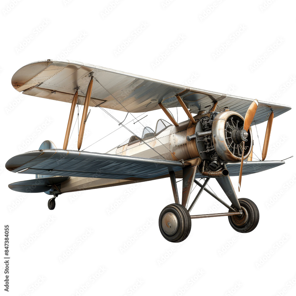 Vintage biplane with dual wings and an exposed engine, capturing the ...
