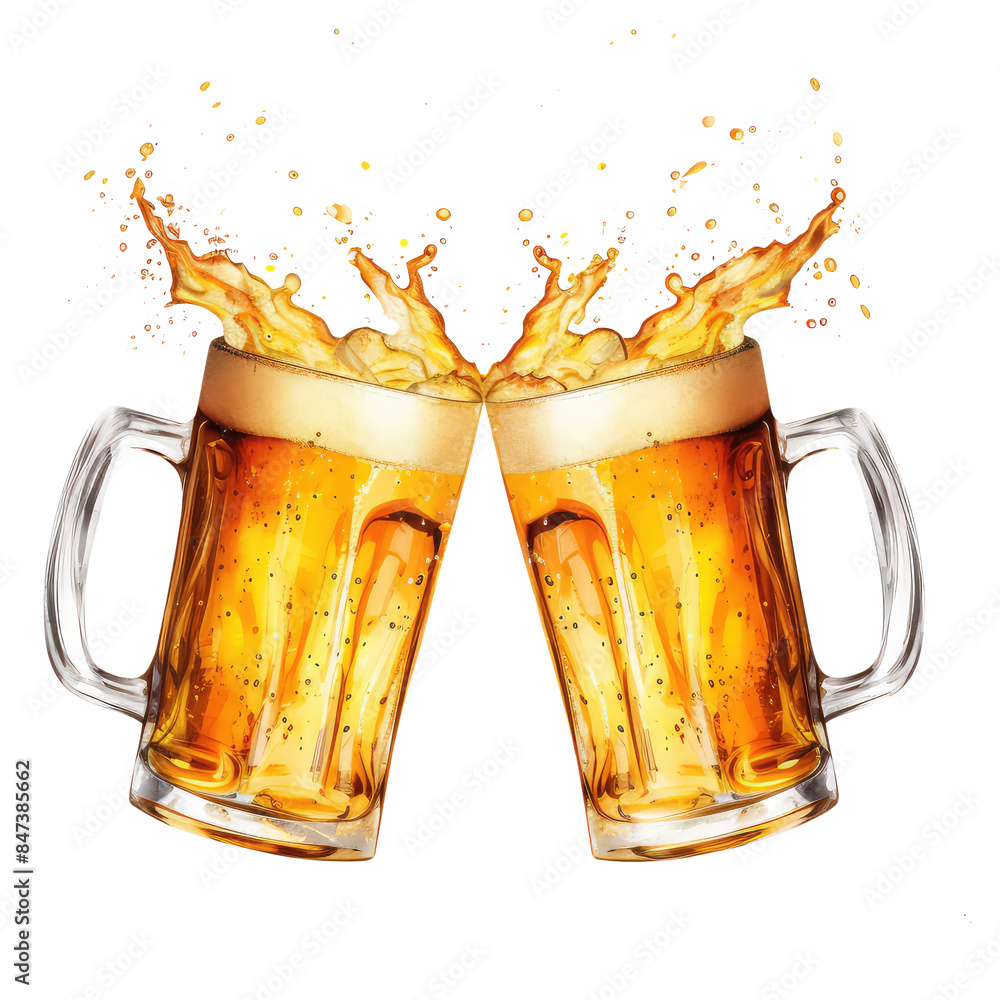 Two Beer Mugs toasting creating splash isolated on transparent white ...