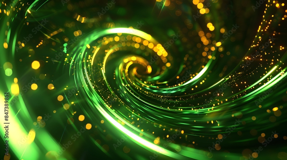 Green shiny sparks of spiral wave. Curved bright speed line swirls ...