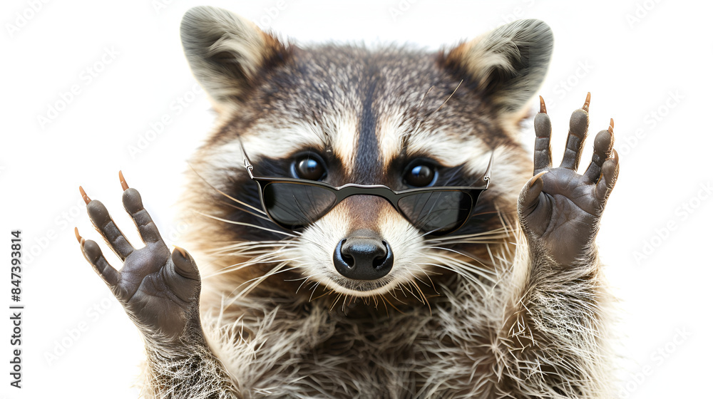 Portrait of a funny raccoon showing a rock gesture, isolated on white ...