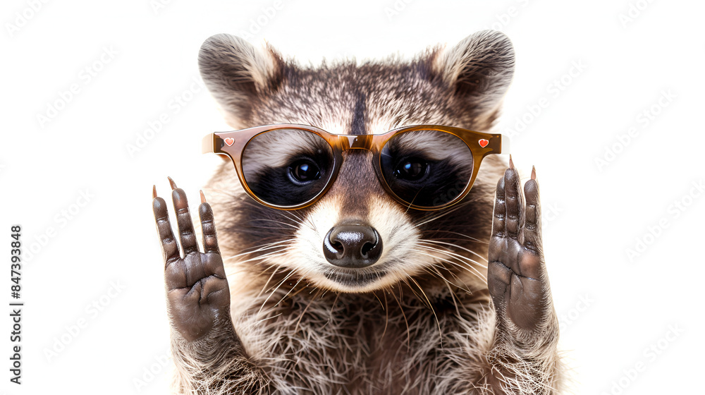 Portrait of a funny raccoon showing a rock gesture, isolated on white ...
