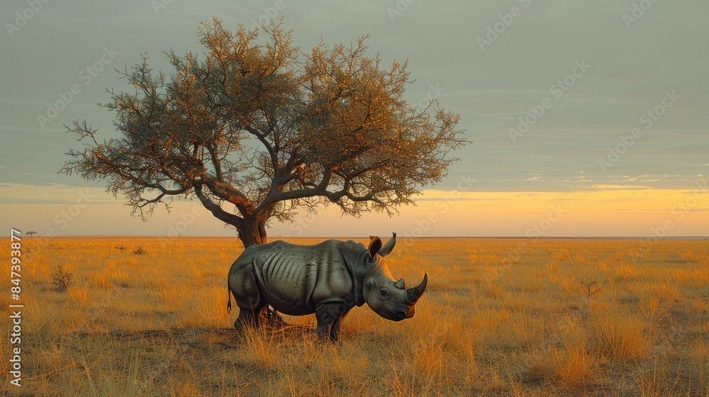 Infant rhino under a tree, African plains background with room for text ...
