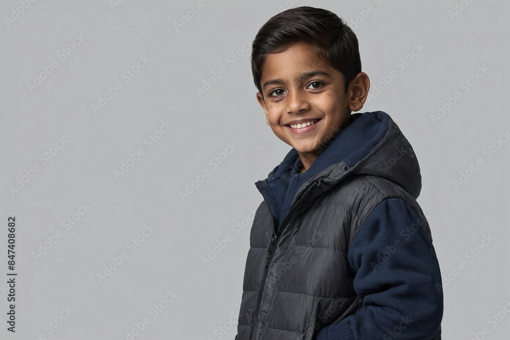 Indian male boy with smile on his face next to an empty space on a dark ...