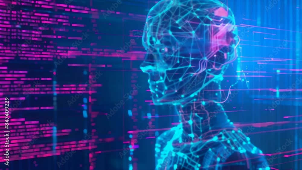 Profile of a digital human head integrated with AI elements and neon lights, representing ...