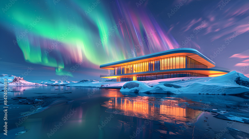 Modern house with large glass windows, allowing a spectacular view of ...