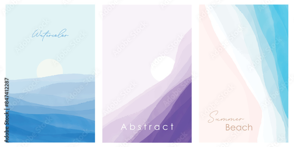 Set of Abstract blue beach watercolor waves background banner. Summer ...