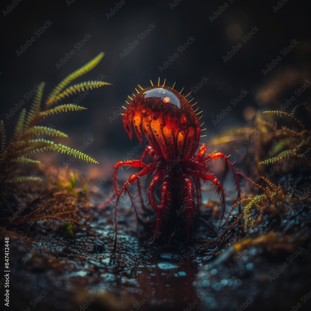 Surreal depiction of a fantasy creature with bright red color and spiky ...