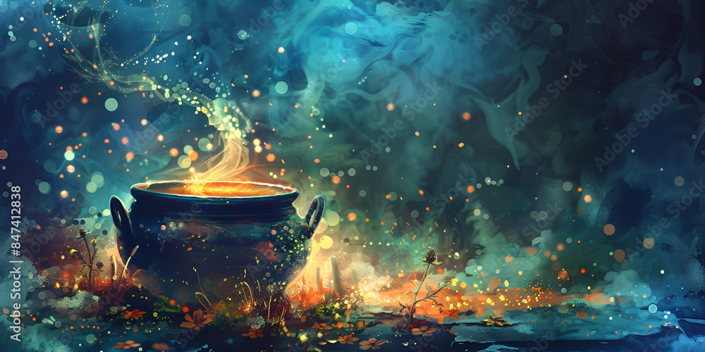 magic pot of fulfillment of desires with sparkling gold particles ...