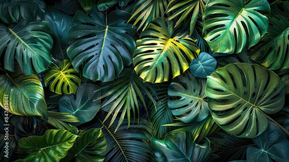 design background of different types of tropical leaves all in green ...