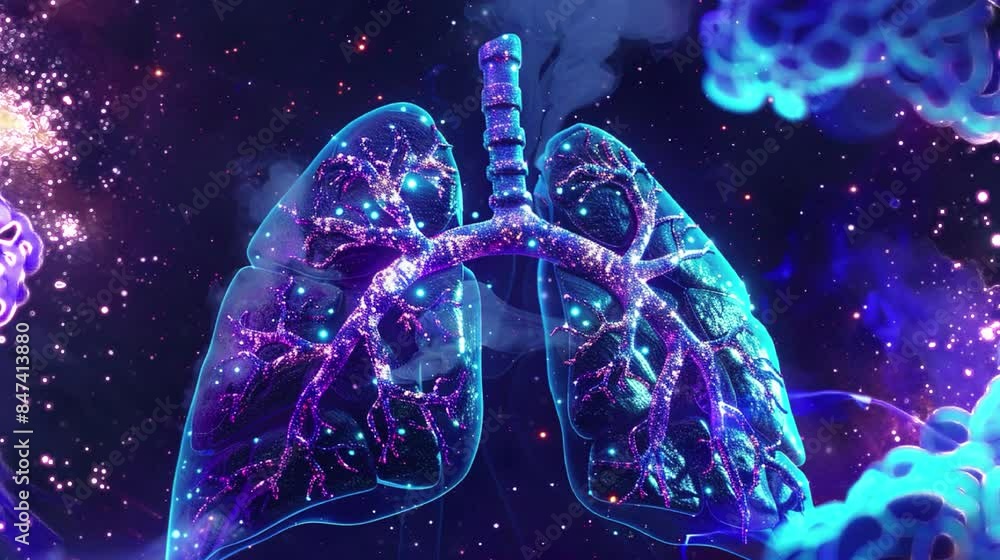 The twinkling holographic digital art of lungs with the bronchial tubes ...