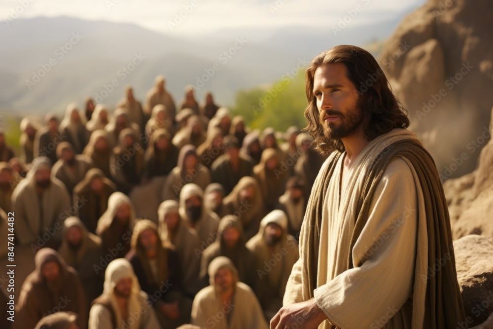 Biblical drama: vivid portrayal of Jesus Sermon on the Mount, capturing ...