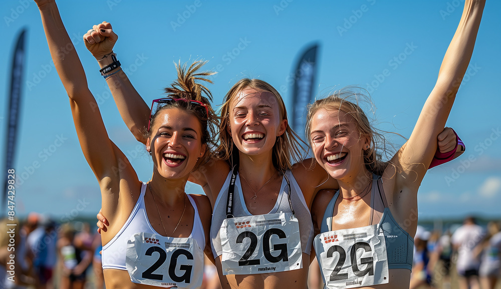 Three Joyful Female Athletes Celebrating Their Success at a Beach Race ...