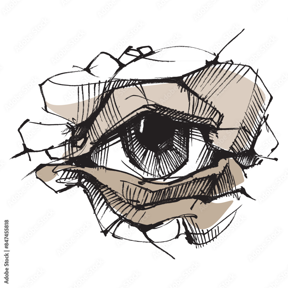 Graphic drawing of the human eye. Sketch of part of the face. Hand ...