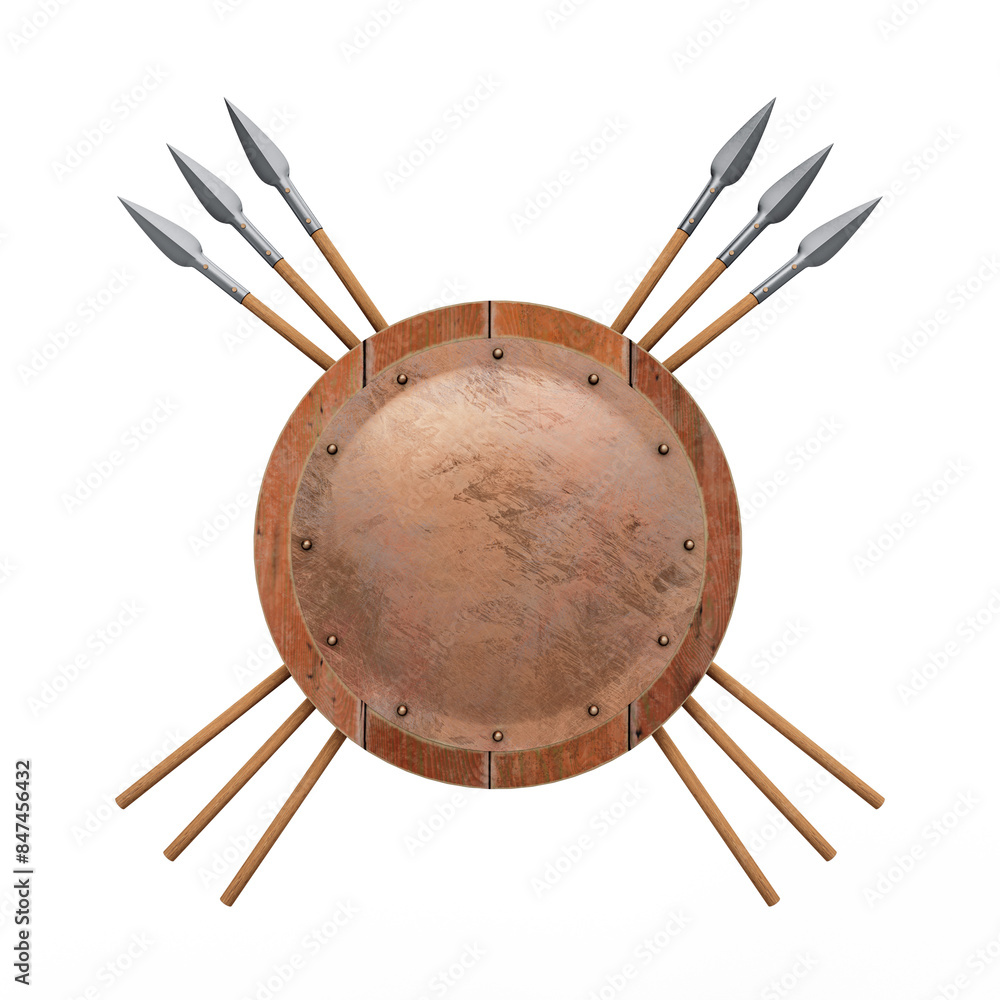 Spear Melee Weapon with Shield Isolated on White Background. 3D ...