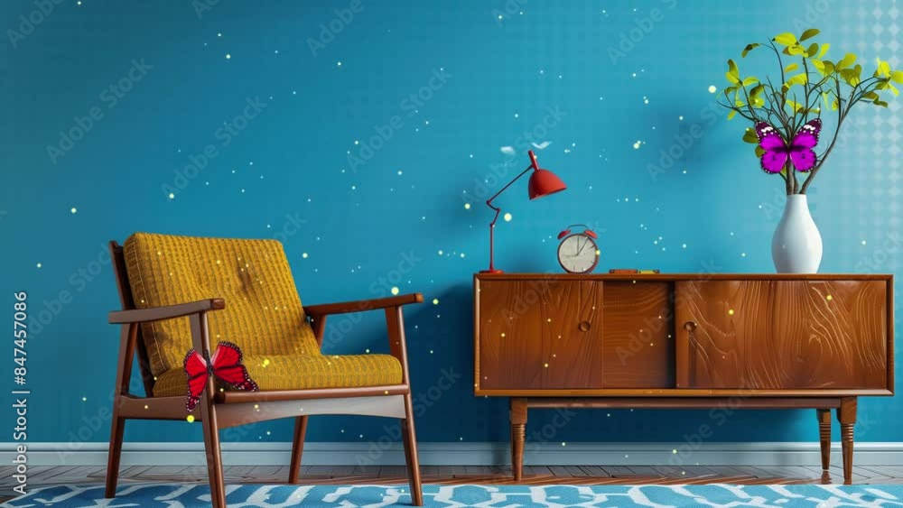 mid century modern interior design of living room with brown armchair ...