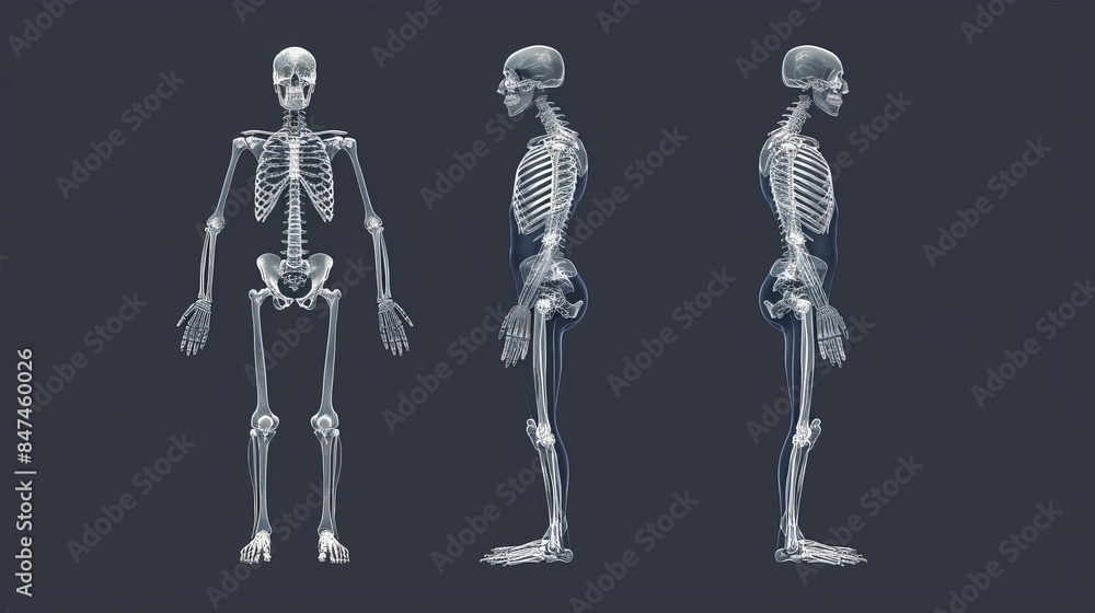 Detailed 3D render of human skeleton in various views to showcase ...
