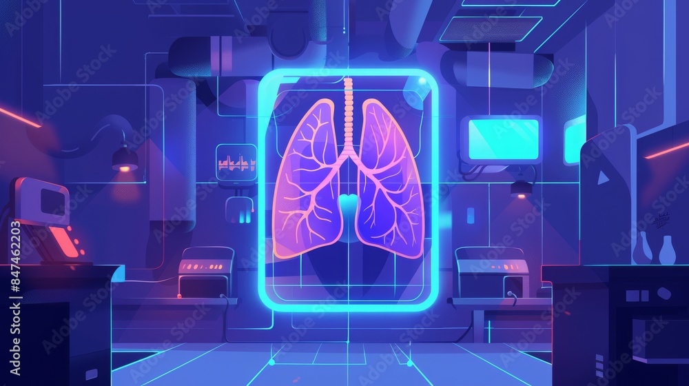 Futuristic high-tech lab with a glowing holographic projection of human ...