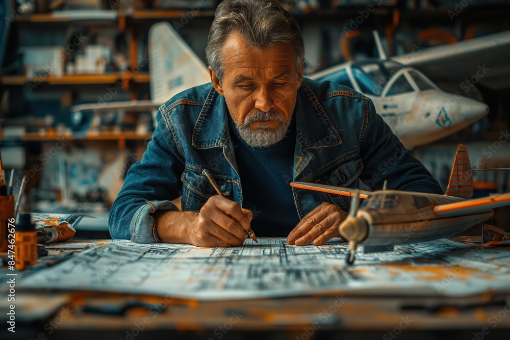 Model Airplane Designer at Workbench. Elderly man designing a model ...